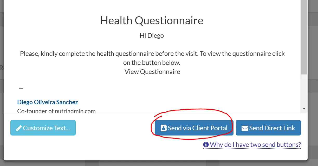 How to send a questionnaire via the client portal to a new client | Nutriadmin Docs